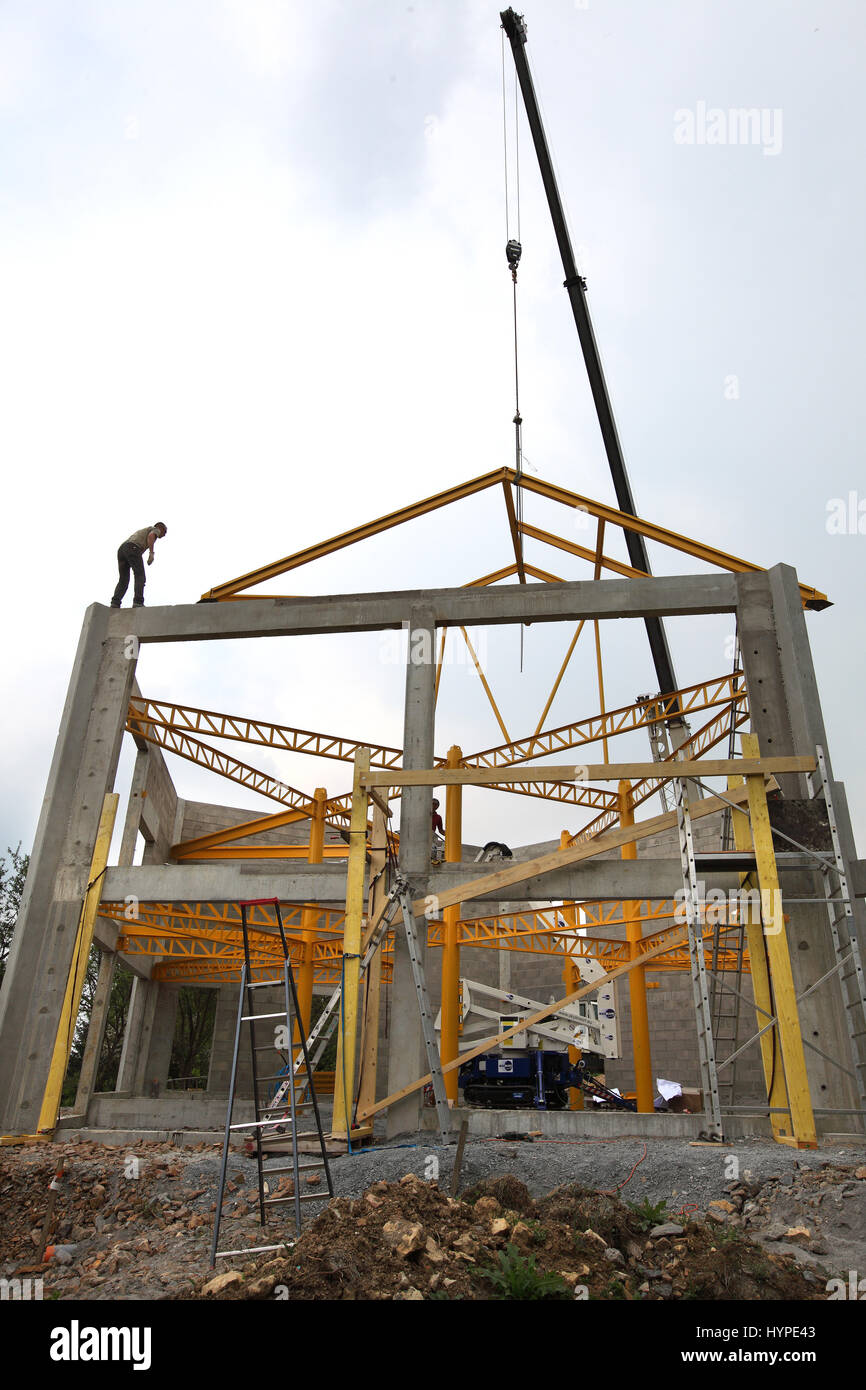 France,House building, handling safety with a crane, construction of a ...