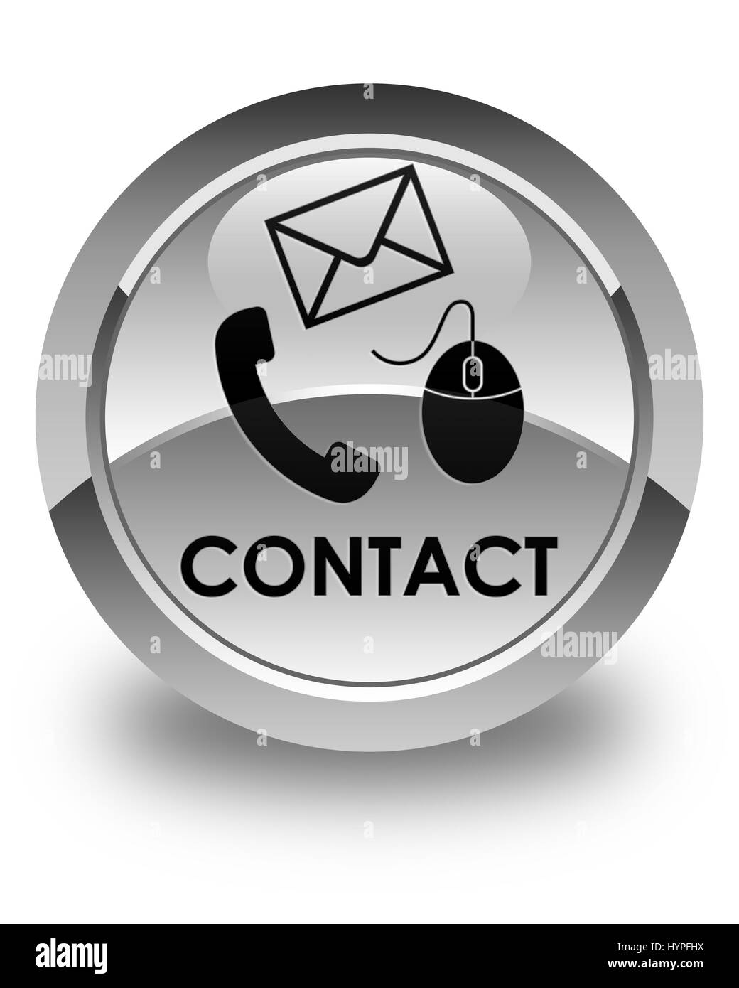Contact (phone email and mouse icon) white isolated on glossy round ...