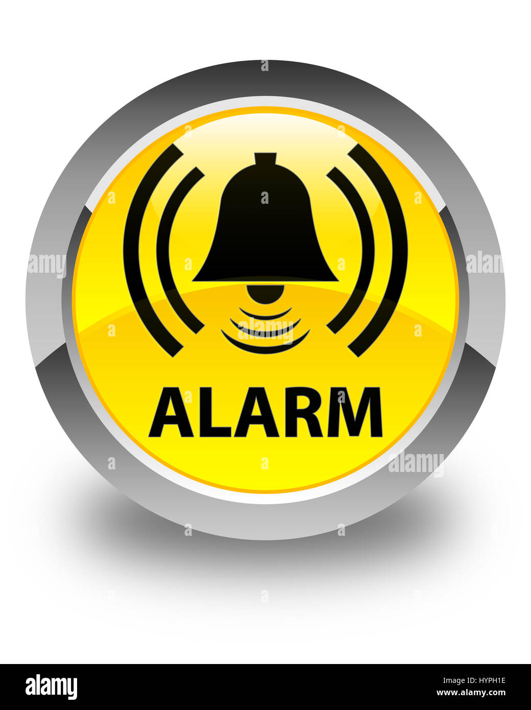 Alarm (bell icon) isolated on glossy yellow round button abstract ...