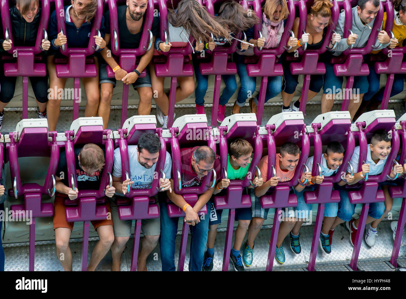 BARCELONA - SEP 5: People have fun at the Drop Tower attraction at ...
