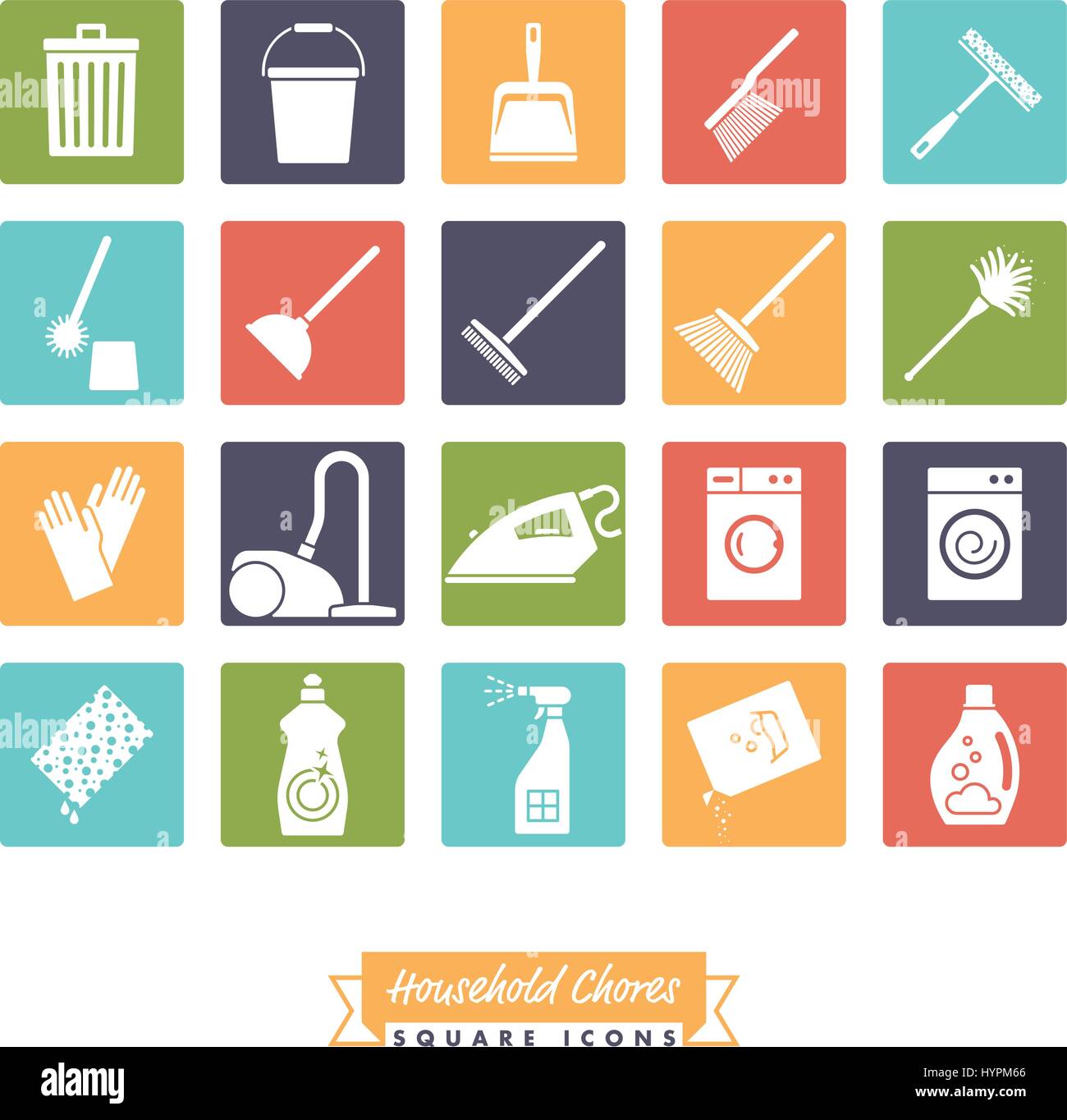 Collection of 20 Household Chores Icons negative in colored squares ...