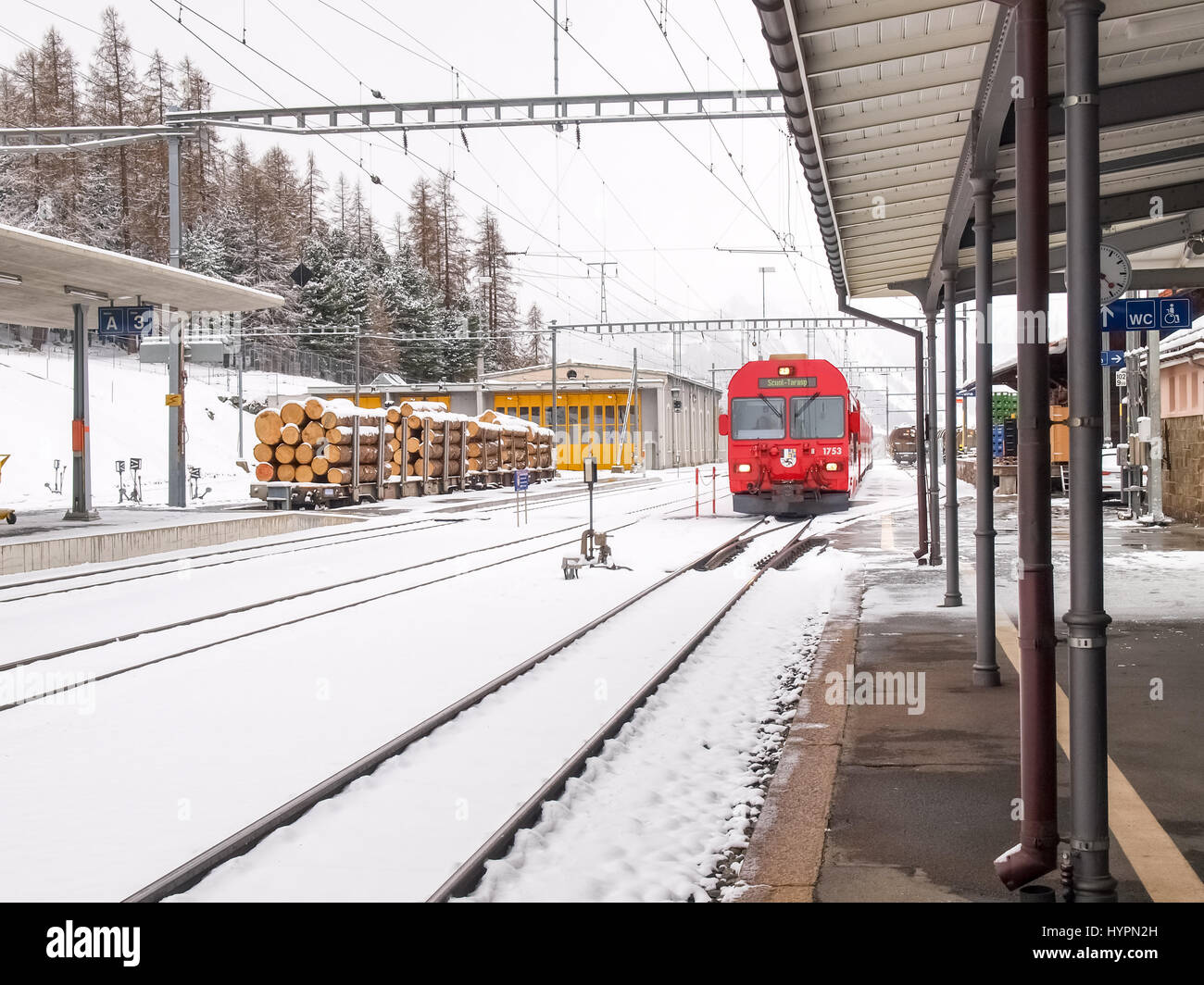 Poschiavo, Switzerland - April 27, 2016: Train of the Rhaetian Railway ...