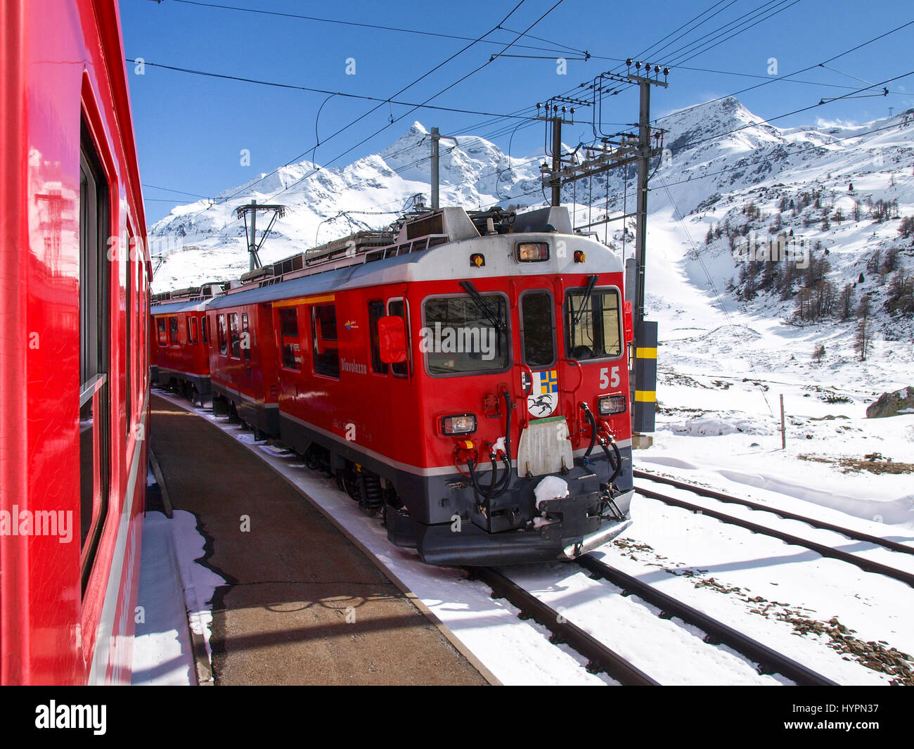 Bernina, Switzerland - April 27, 2016: trains of the Rhaetian Railway ...