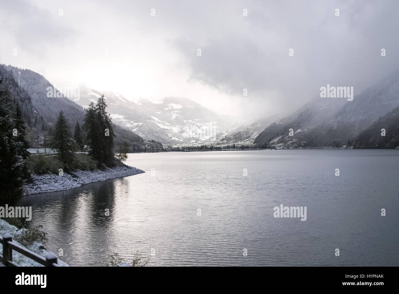 Lake Poschiavo, Switzerland - April 27, 2016: panorama taken from the ...