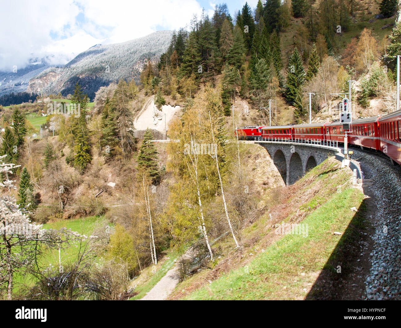 Albula, Switzerland - April 27, 2016: trains of the Rhaetian Railway in ...