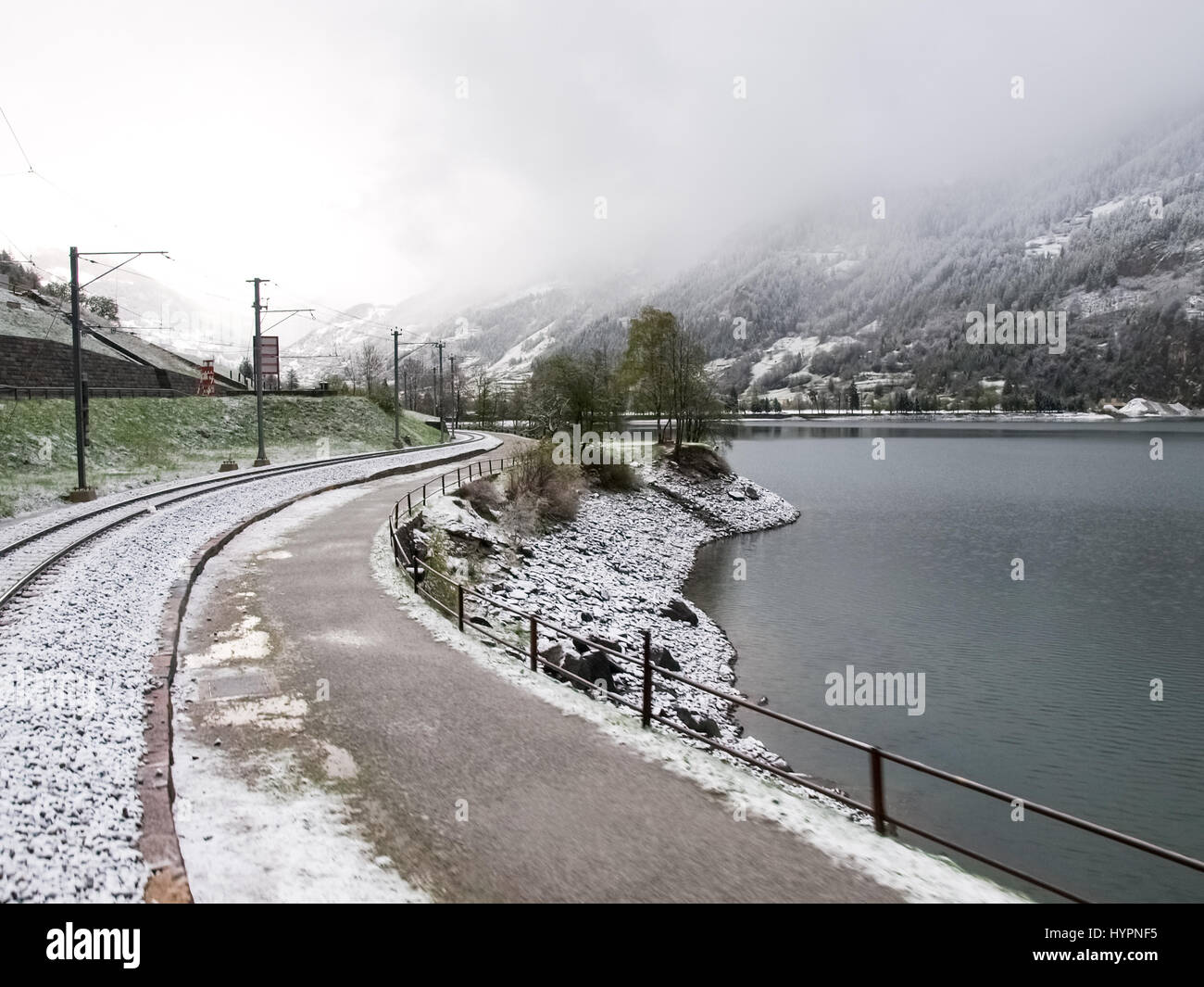 Lake Poschiavo, Switzerland - April 27, 2016: panorama taken from the ...