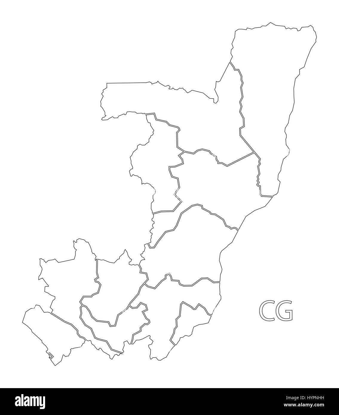 Congo Republic outline silhouette map illustration with departments ...