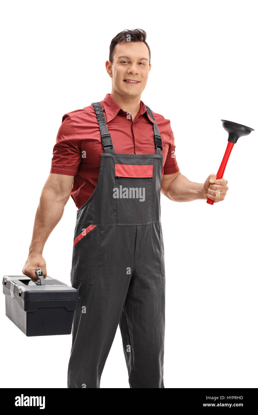 Plumber with a plunger and a toolbox isolated on white background Stock ...