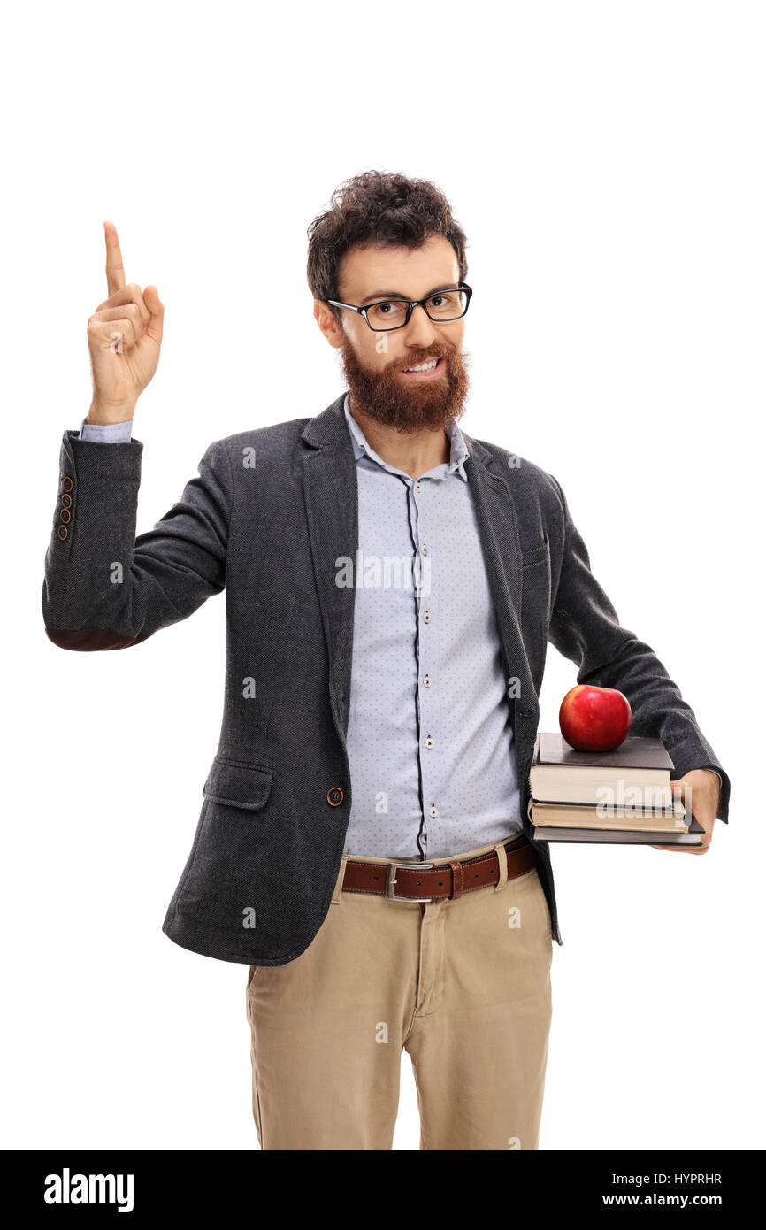 Young professor having an idea and pointing up with his finger isolated ...