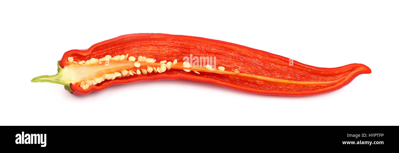 One cut half of fresh red hot chili pepper isolated on white background ...