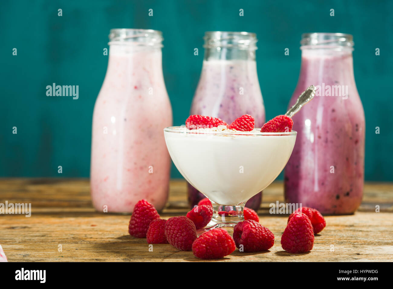 Natural yoghurt with raspberries fruit BIO Stock Photo - Alamy