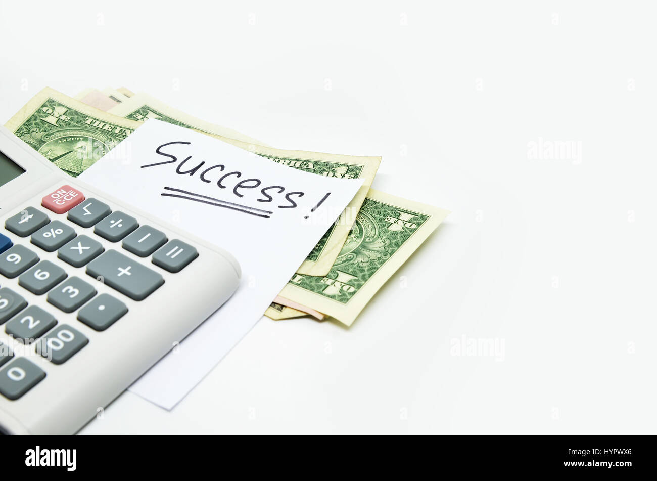 Calculator, money and success word on white background Stock Photo - Alamy