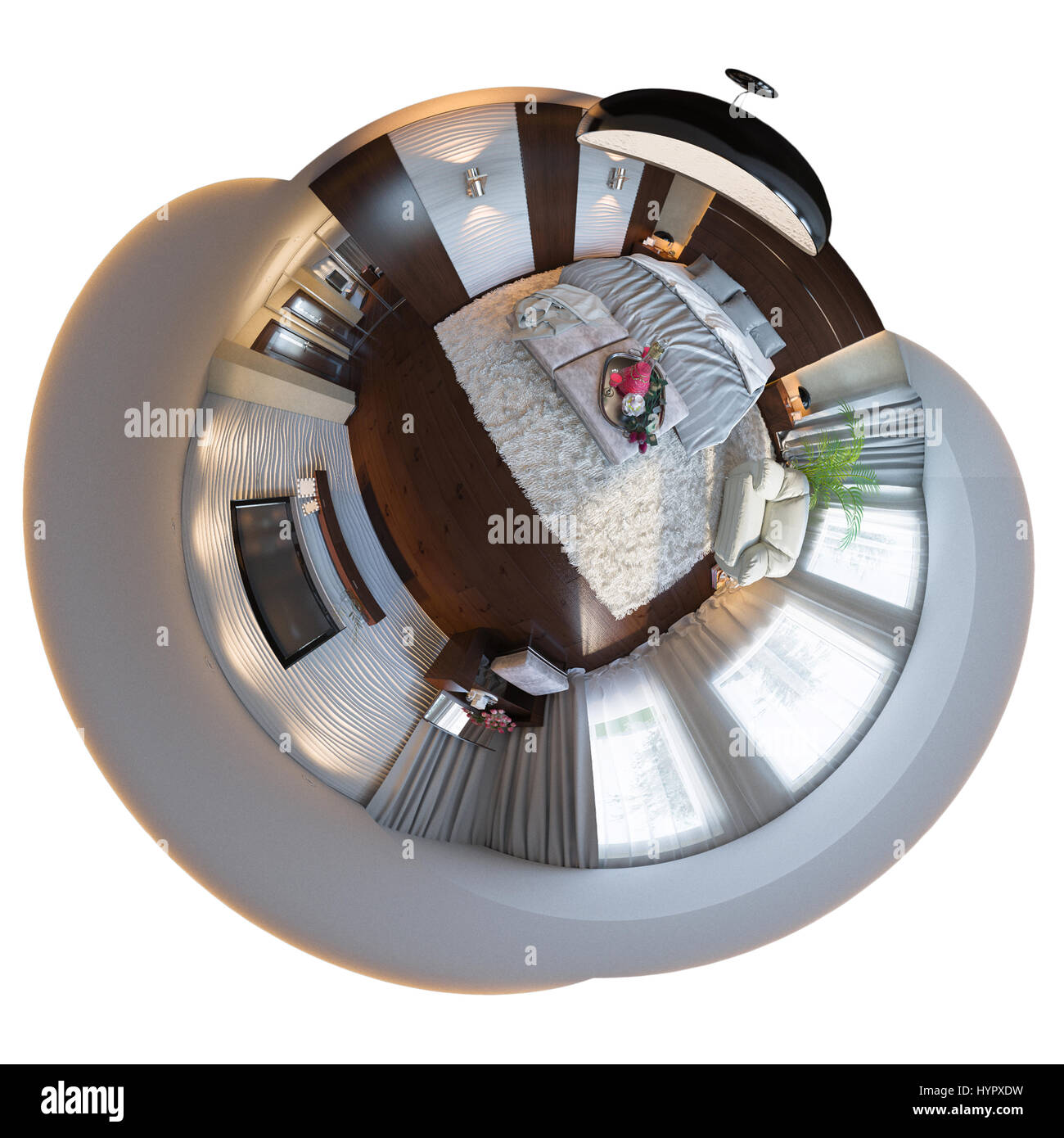 3d illustration spherical 360 degrees, seamless panorama of bedroom ...