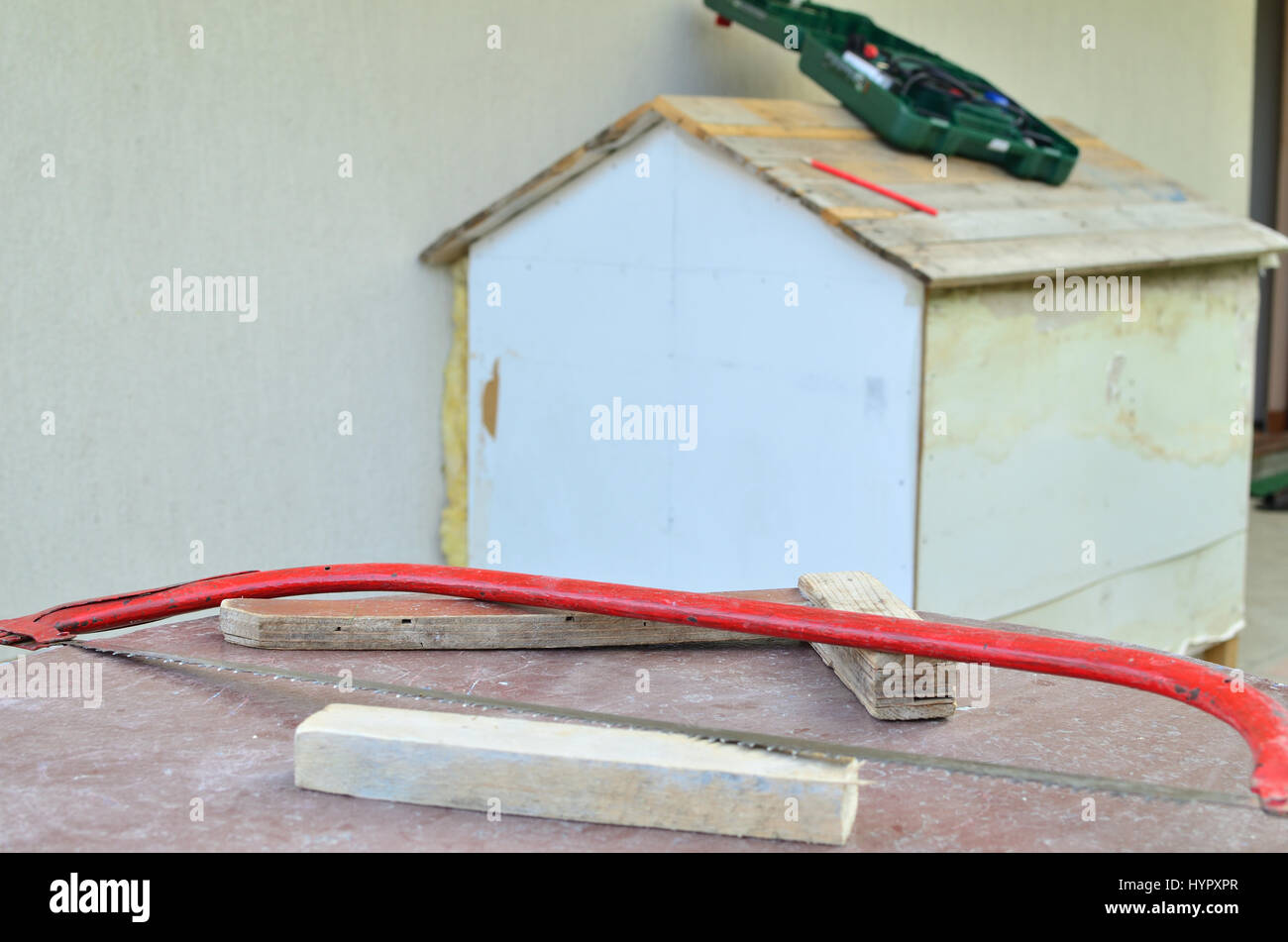 Carpentry tools and wooden material for constructing dog's house seen ...