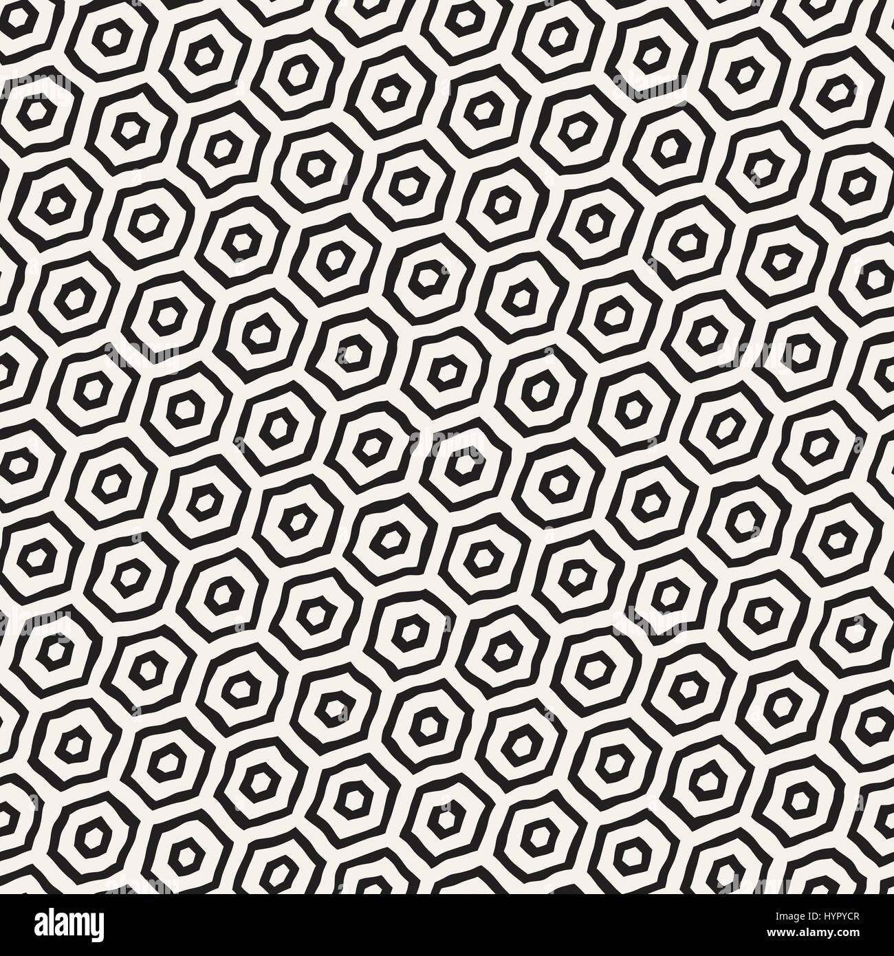 Seamless black and white pattern with hexagon lattice. Creative monochrome hand drawn honeycomb ...