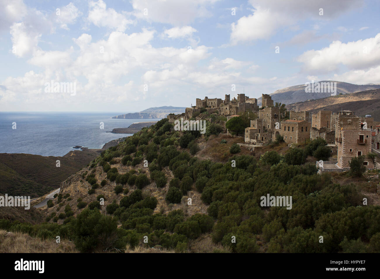 View overlooking the traditional Mani village of Vathia, Greece Stock ...