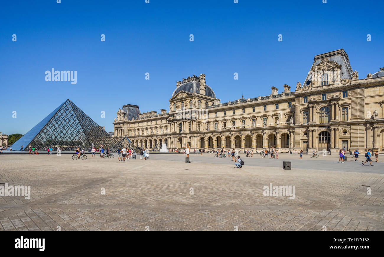 France, Paris, Louvre Palace, view of Napoleon Courtyard with the ...