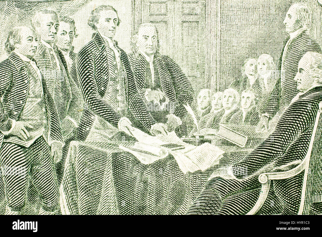 Closeup of the Declaration of independence drawing from the back of a ...