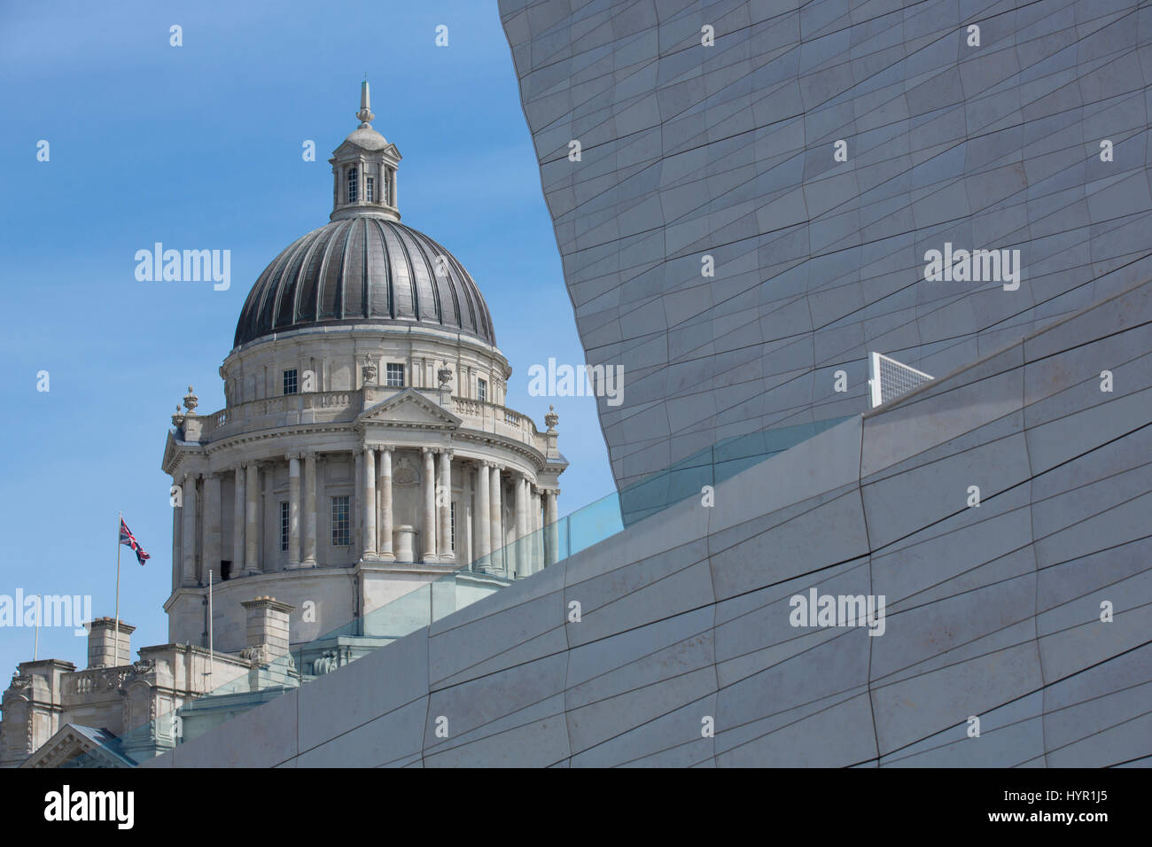Port of Liverpool Authority Building framed by the Museum of Liverpool ...