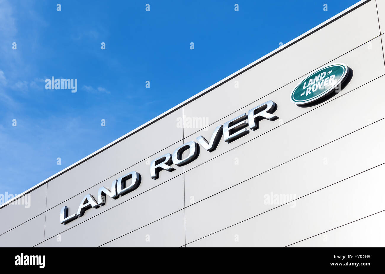 SAMARA, RUSSIA - AUGUST 27, 2016: Land Rover dealership sign on the ...
