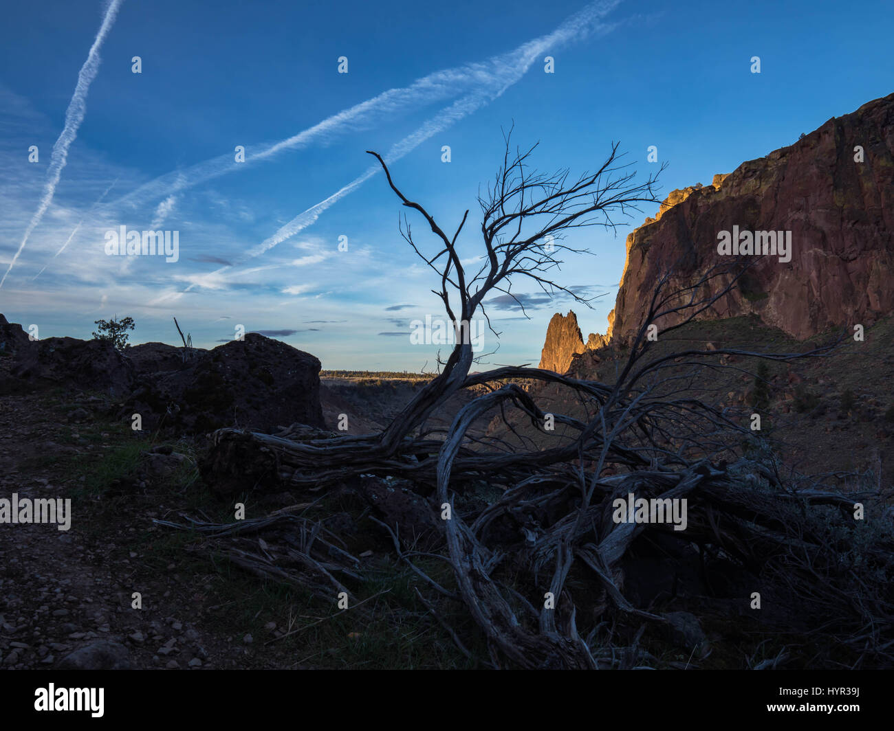 basalt monolith with contrails in sky above at first light Stock Photo ...