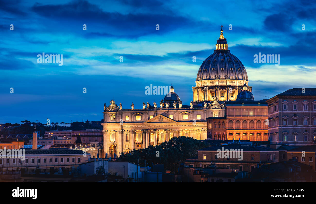 St. Peter's Basilica in Vatican City within the city of Rome at dusk ...