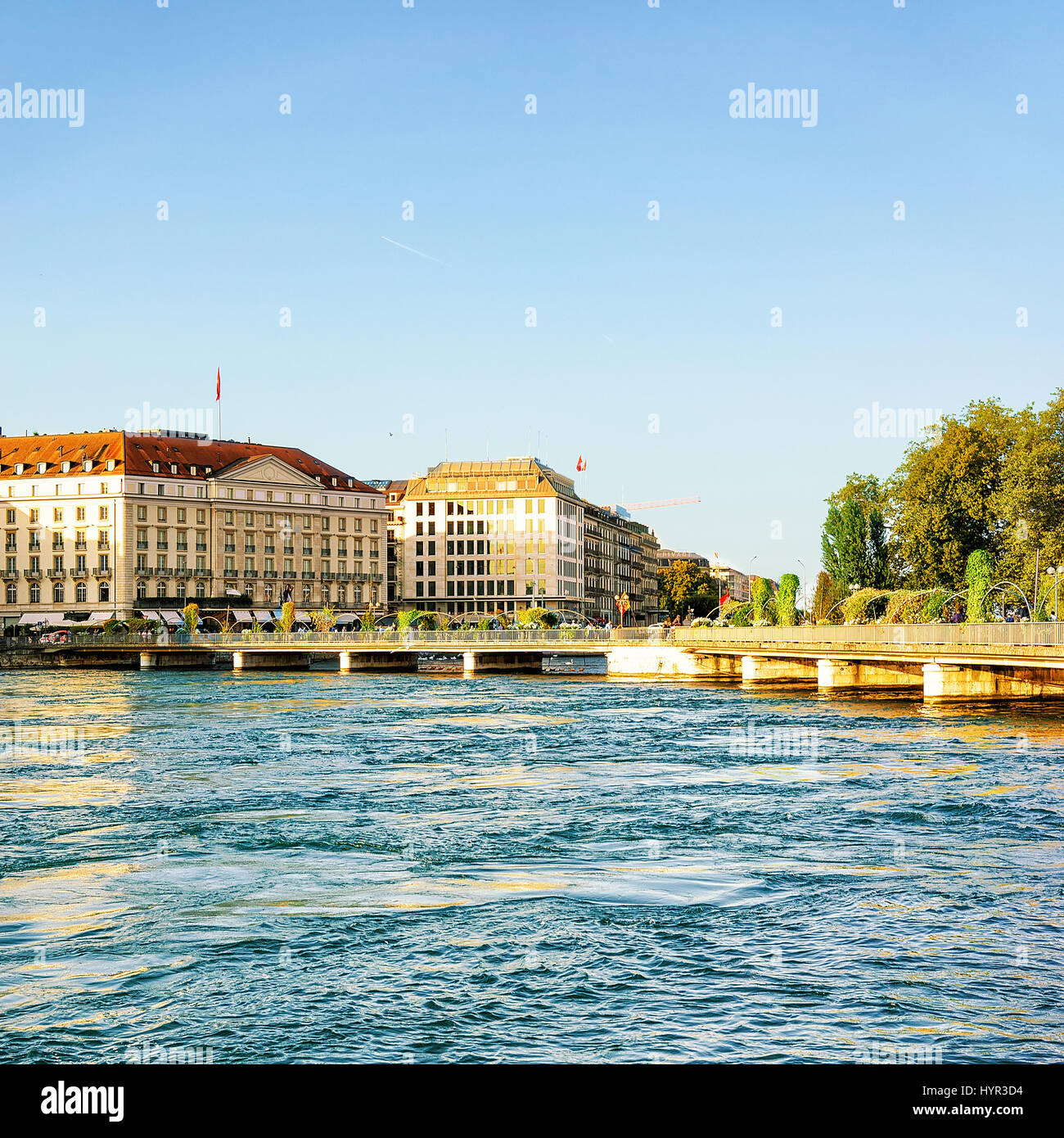 Bergues Bridge over Geneva Lake in summer, Geneva, Switzerland Stock ...