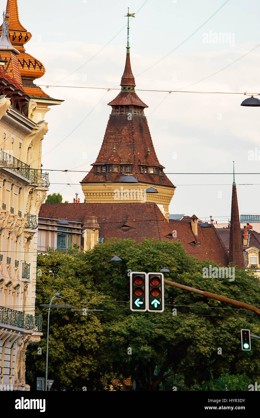 Building architecture with spires on Rue de la Mairie Street at Geneva ...
