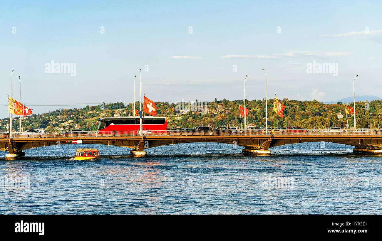 Bus on Bergues Bridge over Geneva Lake in summer, Geneva, Switzerland ...