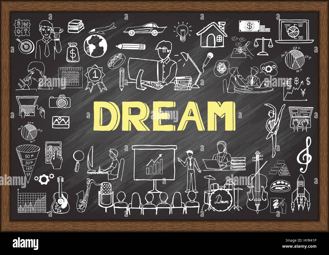 Hand drawn icons about dream on chalkboard. Vector illustrations Stock ...