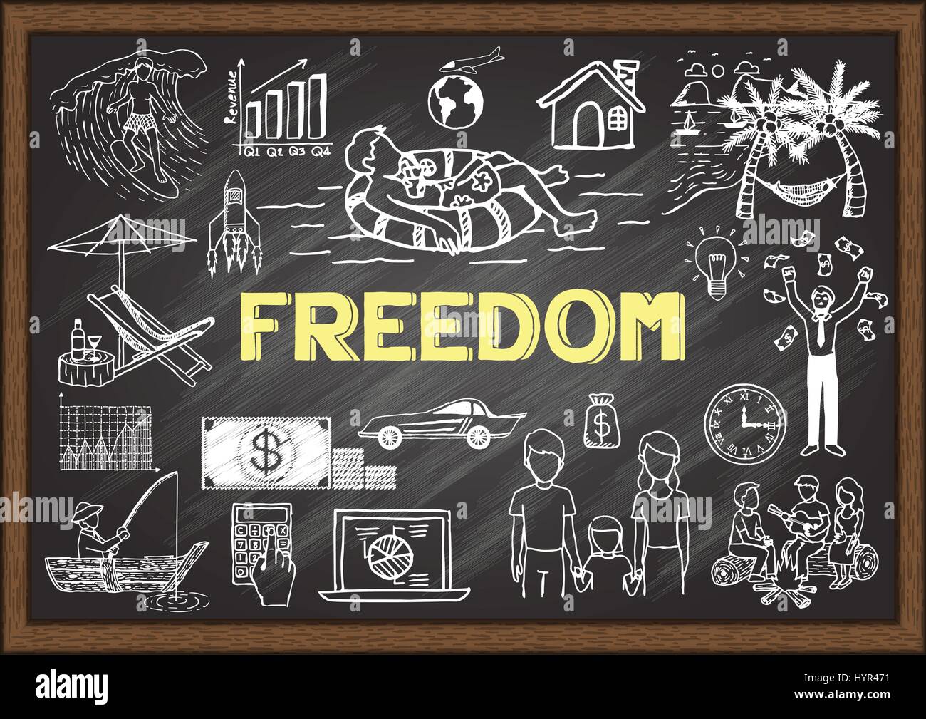 Hand drawn icons about freedom on chalkboard. Vector illustrations ...