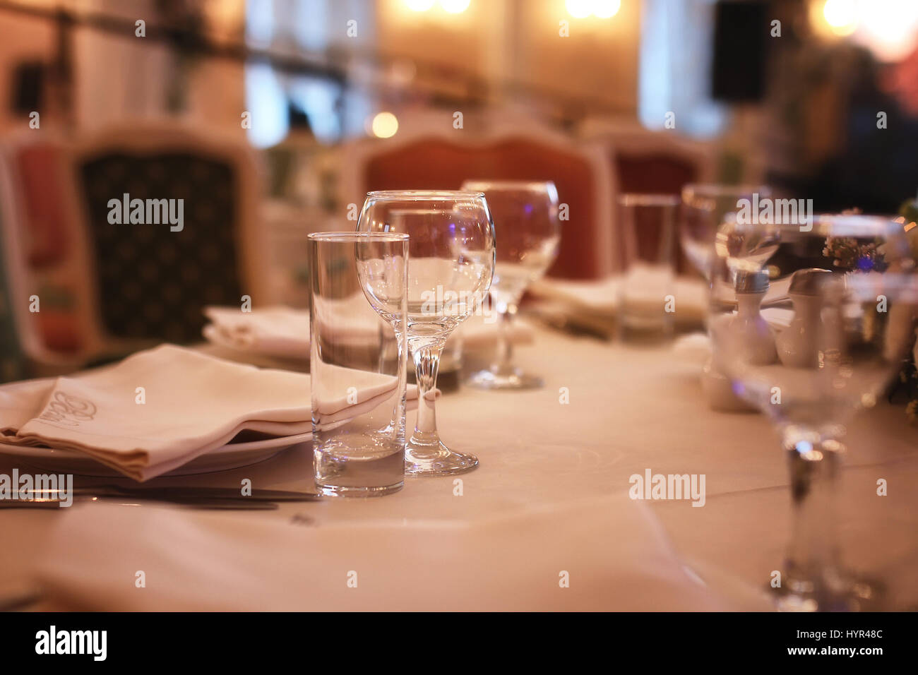 Glass wine glasses on the table served in the restaurant Stock Photo ...