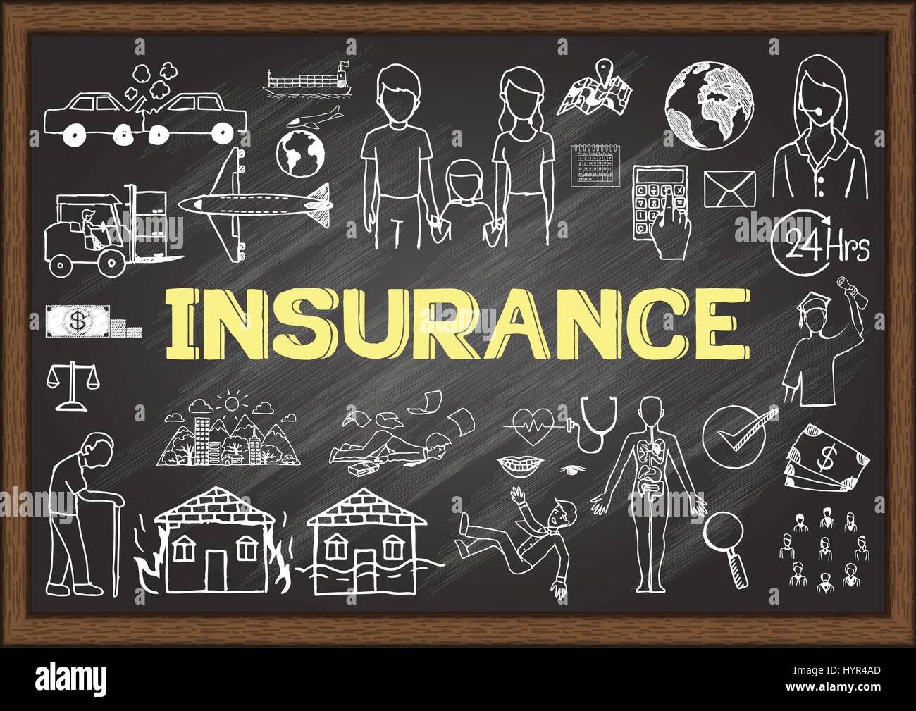 Hand drawn icons about insurance on chalkboard. Vector illustrations ...