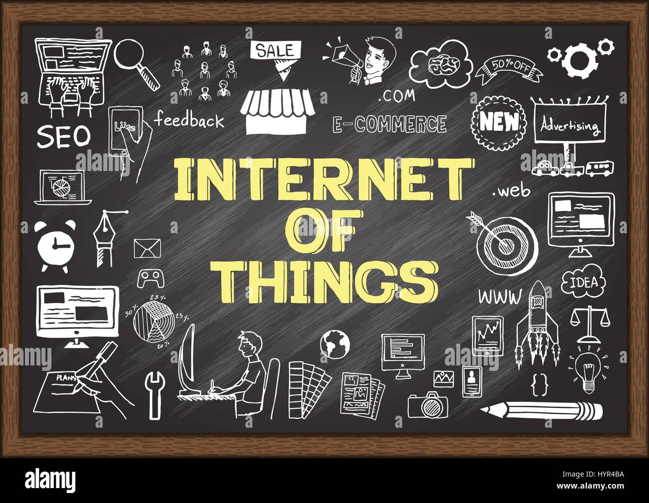 Hand drawn icons about about internet of things on chalkboard. Vector ...