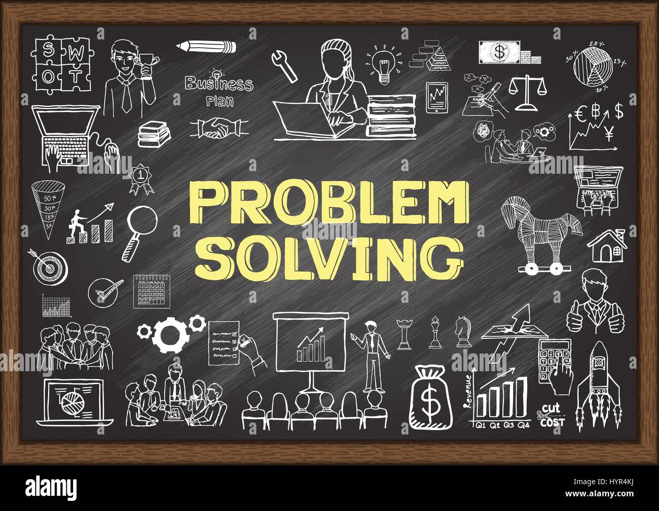 Hand drawn icons about problem solving on chalkboard. Vector ...