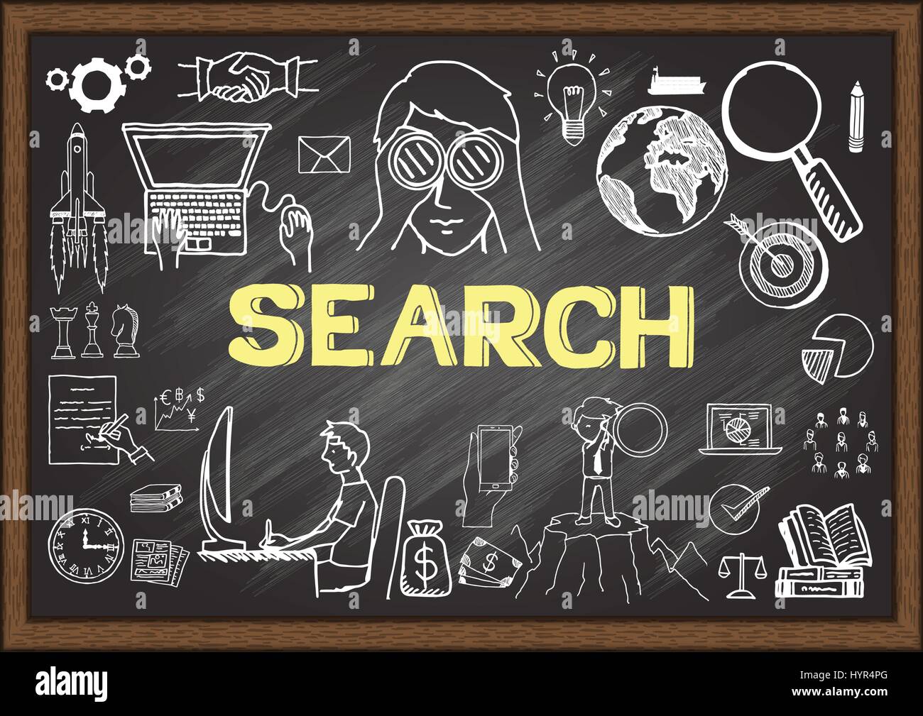 Hand drawn icons about search on chalkboard. Vector illustrations Stock ...