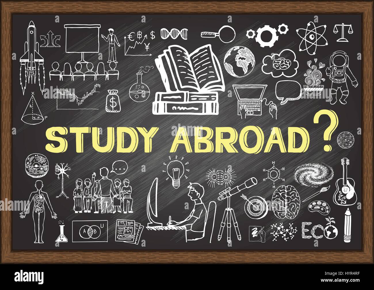 Hand drawn icons about study abroad on chalkboard. Vector illustrations ...