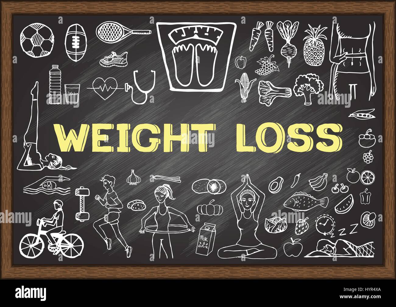 Hand drawn icons about weight loss on chalkboard. Vector illustrations ...