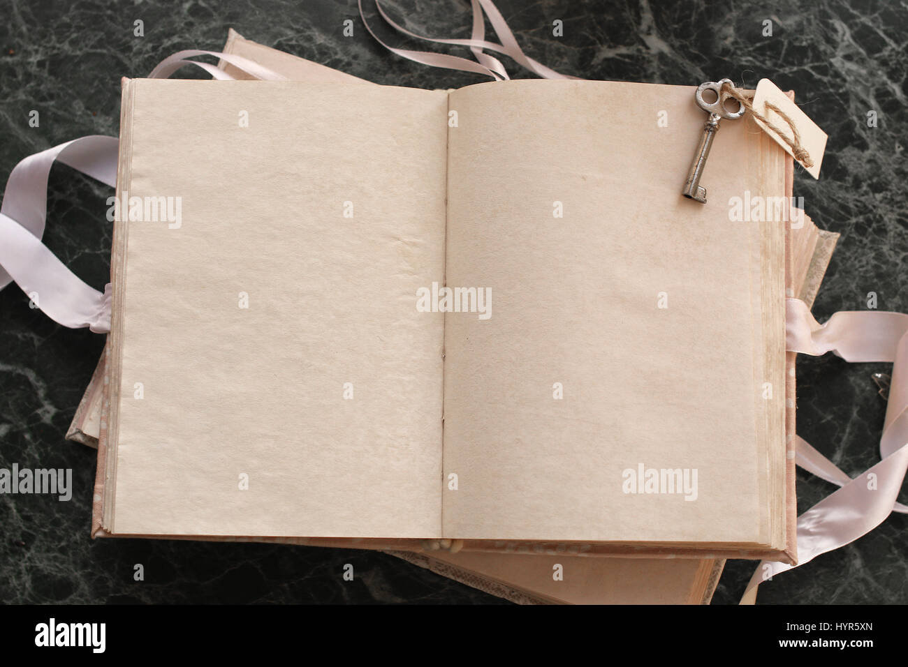 pages opened vintage book on green marble countertop Stock Photo - Alamy