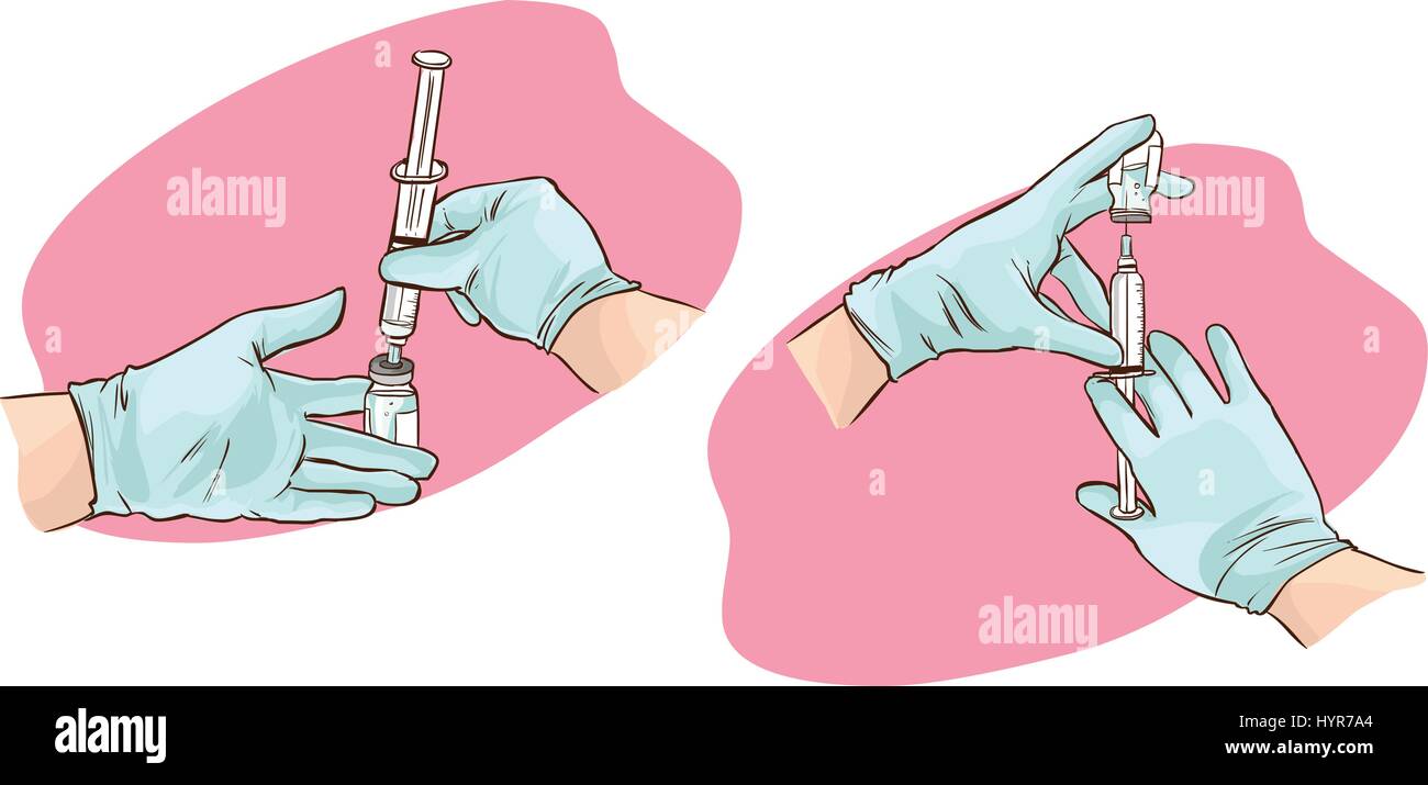 vector illustration of a hands of a doctor administer the injection ...