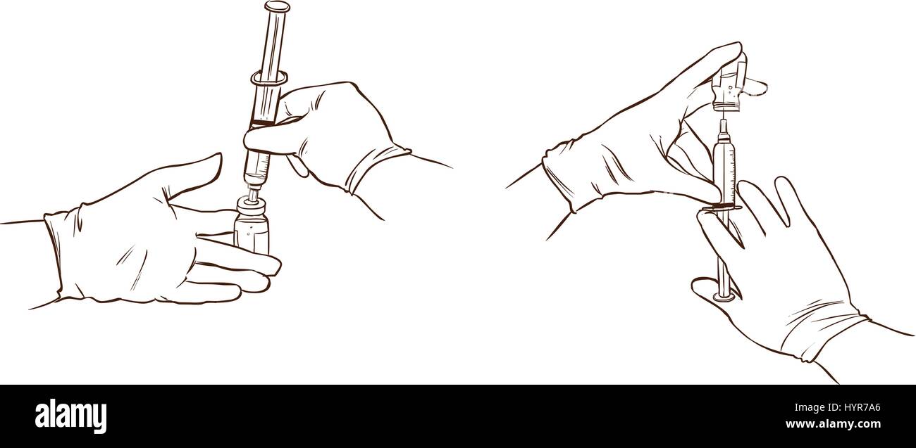 vector illustration of a hands of a doctor administer the injection ...