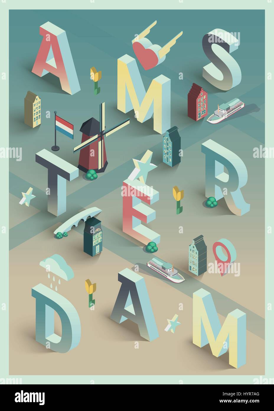 3d isometric vector typographic amsterdam poster Stock Vector Image ...