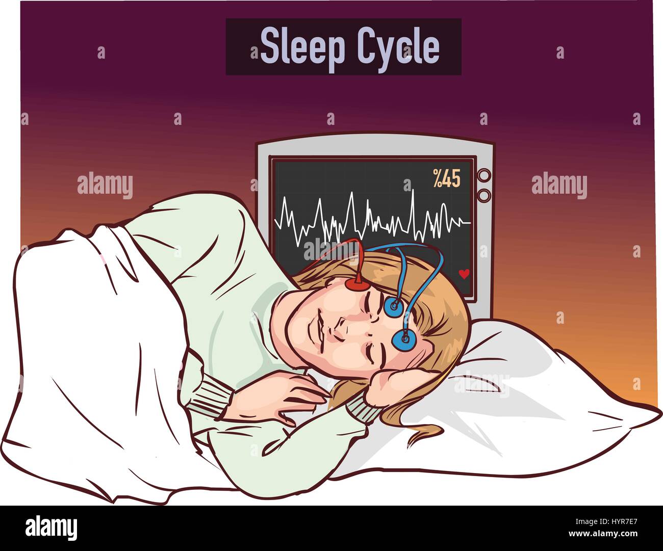 vector illustration of a young girl sleeping and Sleep cycle graph ...