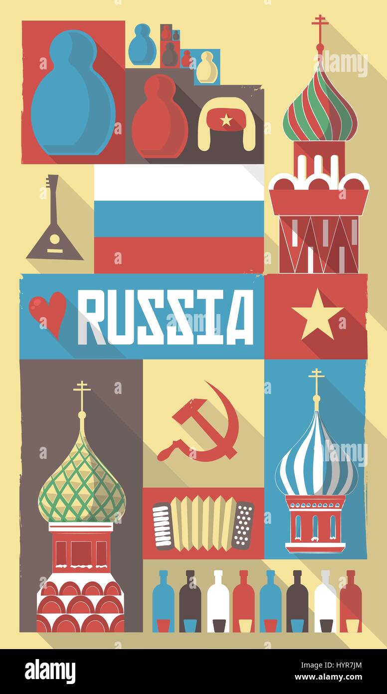 vector illustration of famous culture symbols of russia on a postcard ...