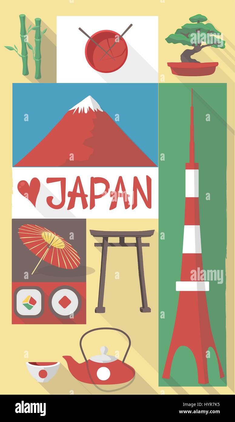 vector illustration of famous culture symbols of japan on a postcard or ...