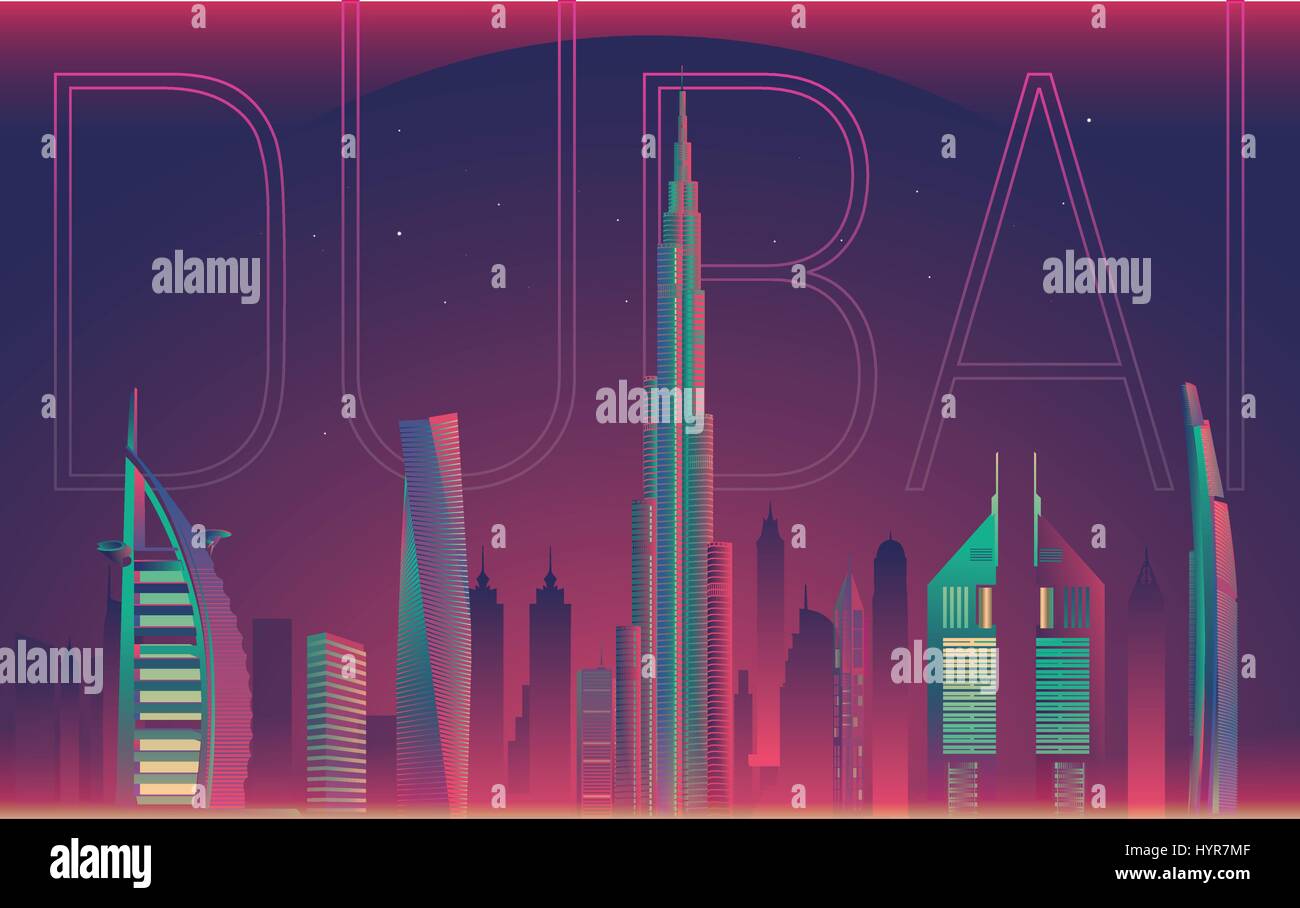vector drawing dubai city night view illustration Stock Vector Image ...