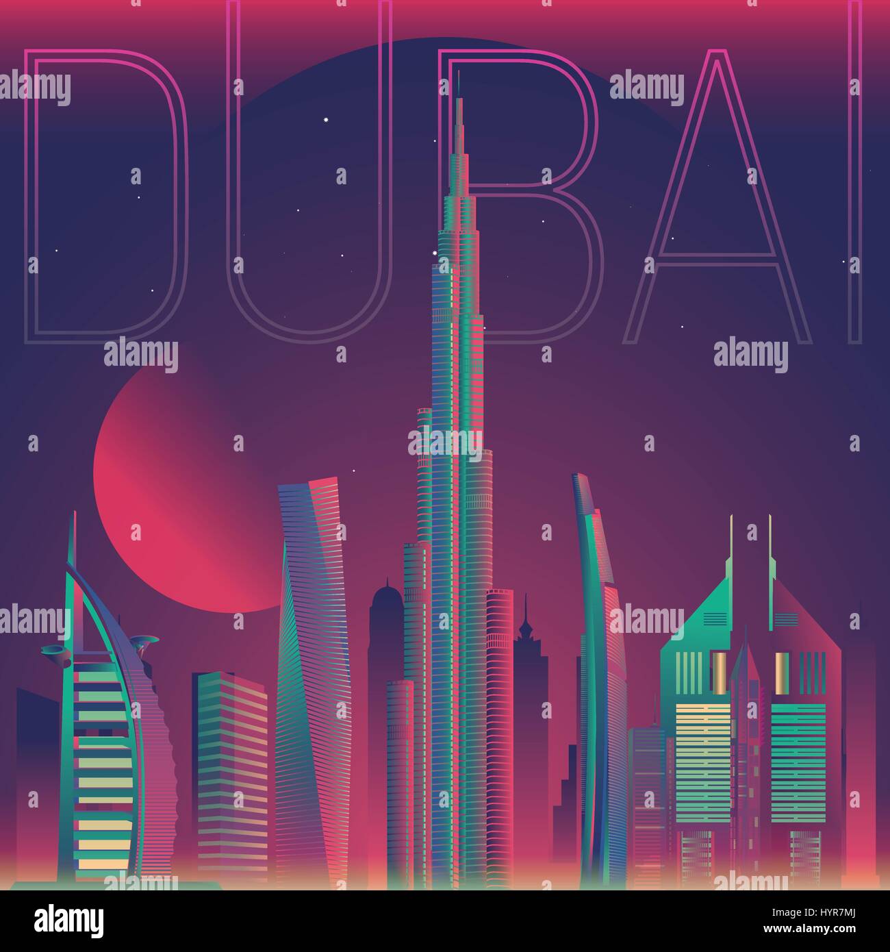 vector drawing dubai city night view illustration Stock Vector Image ...