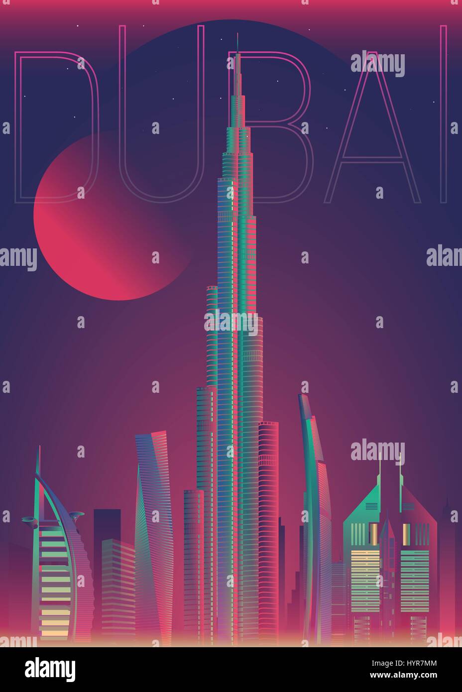 vector drawing dubai city night view illustration Stock Vector Image ...