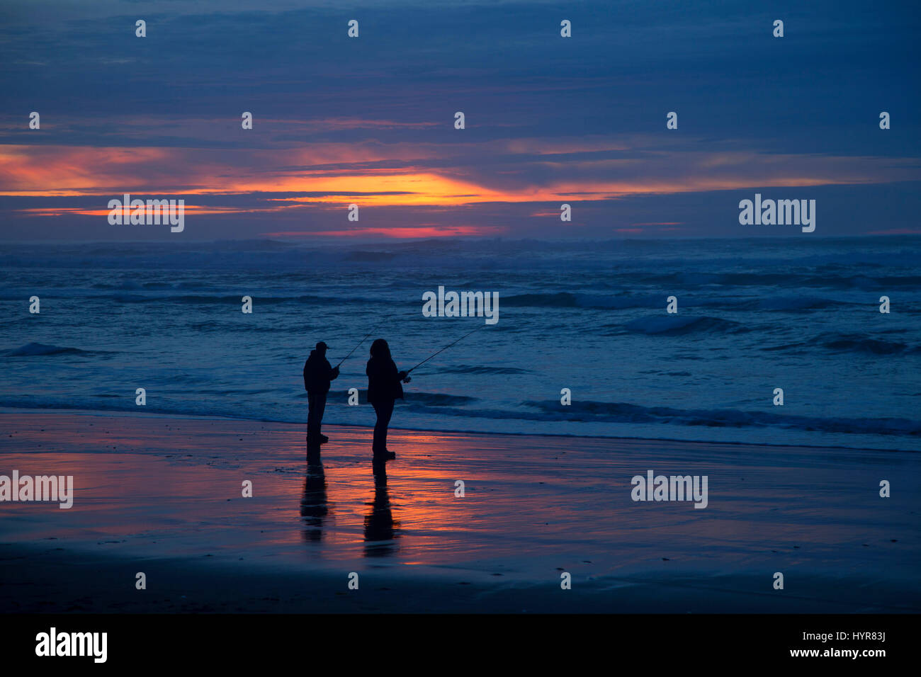 Surf fishing dusk at Horsfall Beach, Oregon Dunes National Recreation ...
