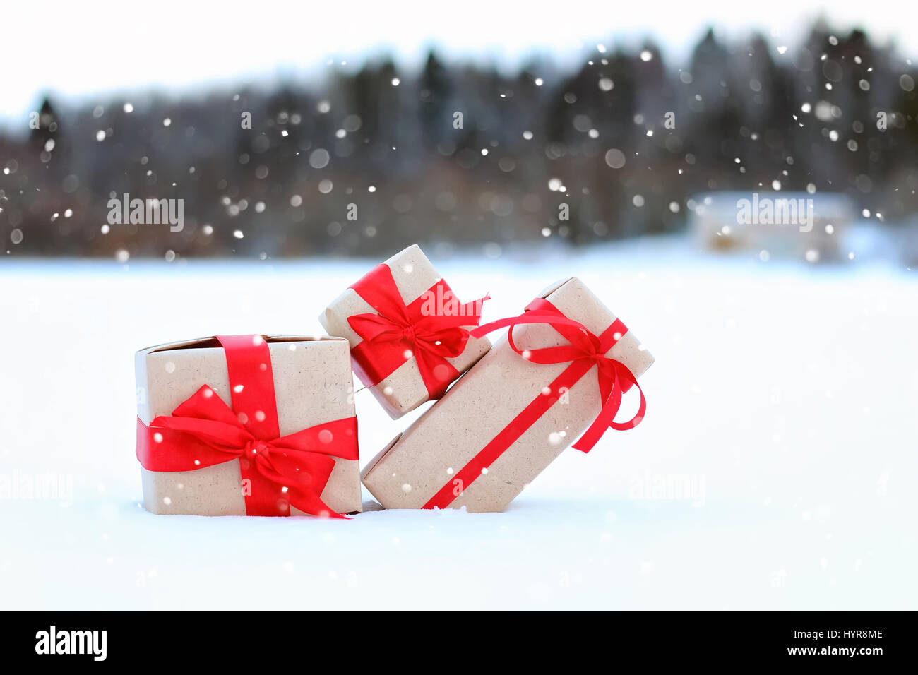 on snow gift box ball landscape snowflake Stock Photo - Alamy